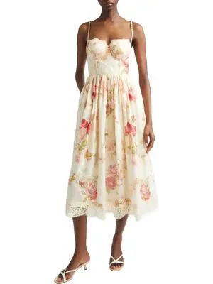 Zimmermann Roselight Picnic Linen Midi Sundress - Cream Rose Floral