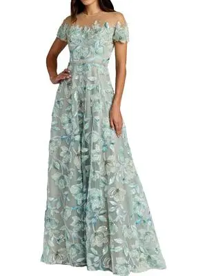 Mac Duggal Embellished A-line Gown With Cap Sleeves And High Illusion Neckline - Sage Multi