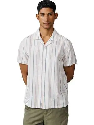AUBIN Abbey Cuban Collar Short Sleeved Shirt - White Mix Stripe