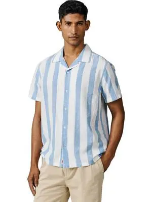 AUBIN Abbey Cuban Collar Short Sleeved Shirt - Wide Blue Stripe