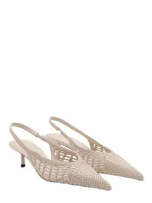 Mango Woven Pointed Toe Slingback Kitten Heel Pumps - Ecru