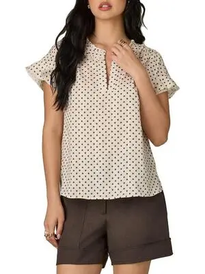 Wit & Wisdom Embroidered Polka Dot Ruffle Top - Ecru/brown
