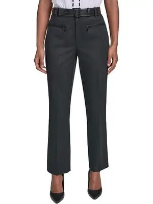 Karl Lagerfeld Paris Mid Rise Belted Straight Leg Pants - Black