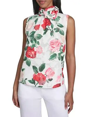 Karl Lagerfeld Paris Rosette Detail Floral High Neck Tank - Soft White Multi