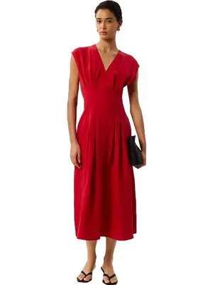 Whistles Paneled V-neck Linen Blend Midi Dress - Red