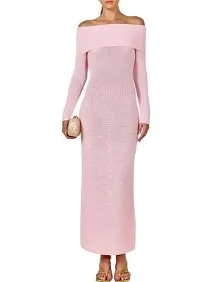 Endless Rose Off-the-shoulder Open Stitch Sweater Dress - Pink