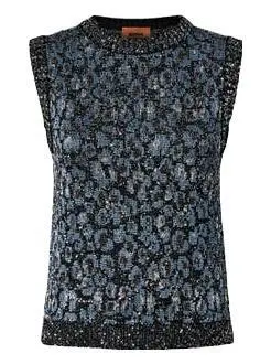 Missoni Crew Neck Jacquard Knit Top With Animalier Pattern And Sequins - Blue