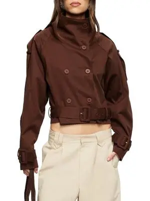 Lioness LIONESS Cropped Trench Coat With Funnel Neck Chocolate