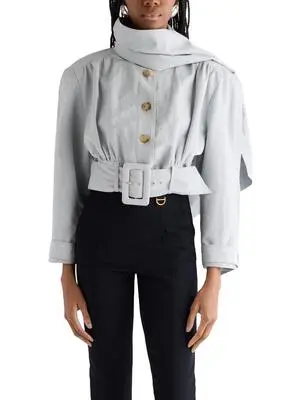 Chloé Cropped Belted Linen & Cotton Jacket With Scarf Detail - Storm Grey