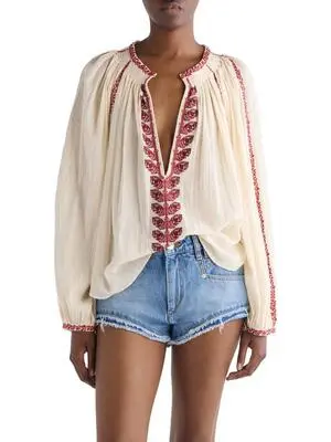 Isabel Marant Lena Embroidered Cotton Gauze Top - Beige/red