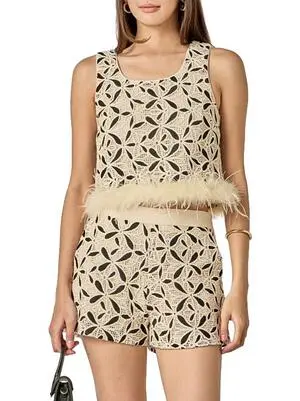 English Factory Crochet Lace Feather Crop Tank - Cream/black