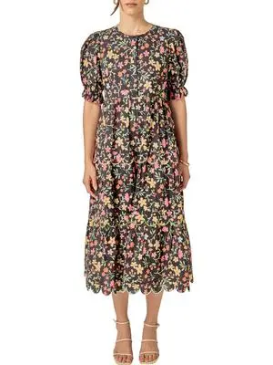 English Factory Floral Print Midi Dress With Scalloped Hem - Black