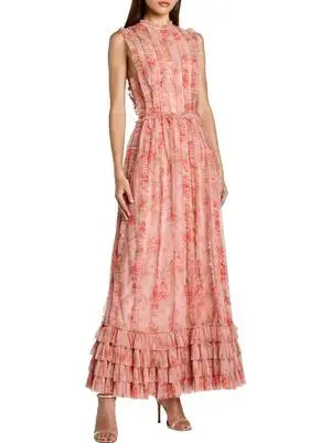 Mac Duggal Floral Mesh High Neck Midi Dress With Ruffles - Rose Multi