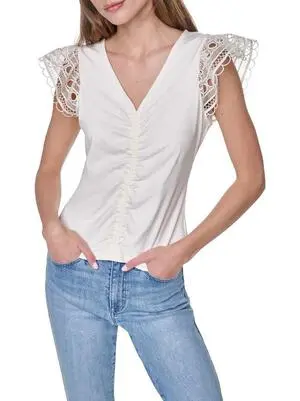 Dkny Center Ruched Lace Sleeve Cotton Blend Top - Coconut