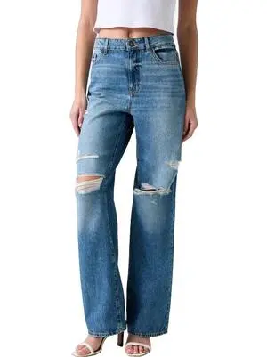 Guess High Waist Ripped Straight Leg Jeans - Blue