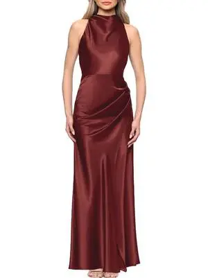 Betsy & Adam Ruched Sleeveless Satin Charmeuse Gown - Nutmeg