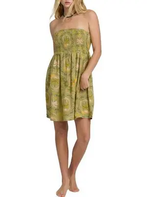 BILLABONG Smocked Strapless Mini Dress With Tropical Print - Cedar