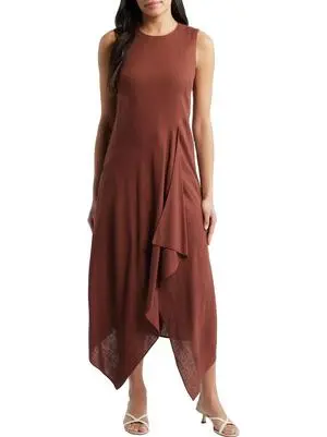 Vince Camuto Sleeveless Linen Midi Dress With Handkerchief Hem - Brown