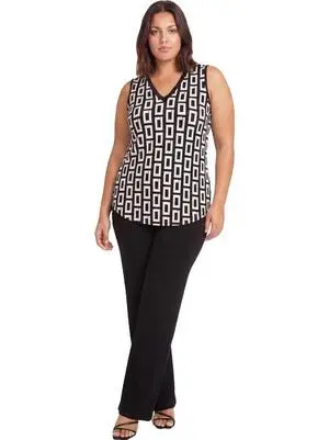 24SEVEN COMFORT APPAREL Geometric Print Sleeveless V-neck Top And Flared Pant Set - Black Multi