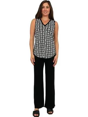 24SEVEN COMFORT APPAREL Geometric Print V-neck Sleeveless Top And Flared Pant Set - Black Multi