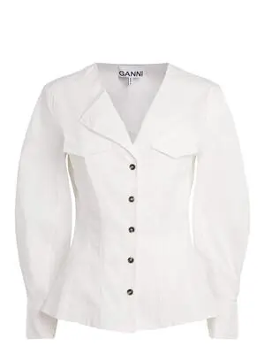 GANNI Stretch-cotton V-neck Shirt - White