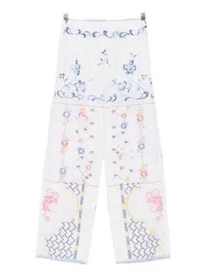 RELAX RE LUX Embroidered Cotton Wide-leg Trousers - Bianco