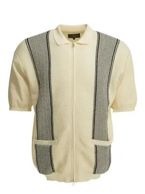 BEAMS Textured Knit Zipper Polo Shirt - White