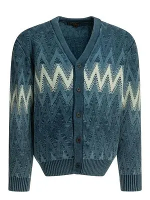 BEAMS Beams Plus Indigo Yarn Chevron Knit V-Neck Cardigan