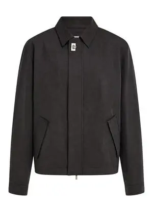 FERRAGAMO Washed Cotton Blouson Jacket With Leather Collar - Blue
