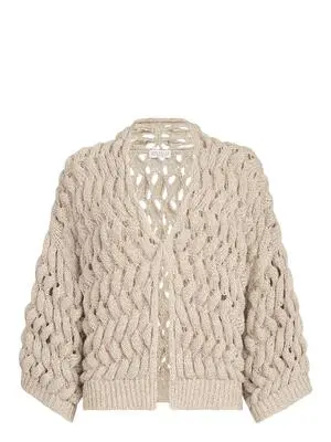 Brunello Cucinelli Dazzling Waves Sequined Wool-silk-linen Blend Cardigan - Grey
