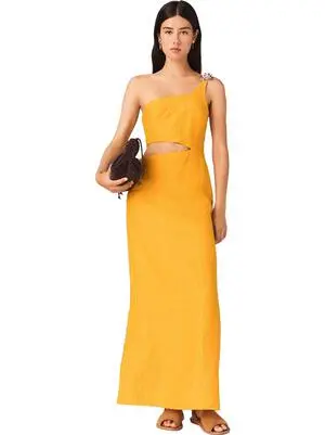 Maje Linen Asymmetrical Maxi Dress With Floral Brooch - Orange