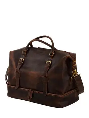 TOURI Genuine Leather Holdall Weekender With Extra Compartment - Brown