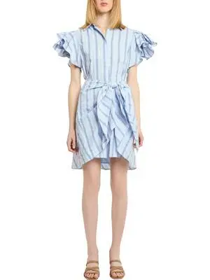 Cinq À Sept Striped Ruffle Sleeve Mini Shirt Dress With Tie Waist - Blue Multi