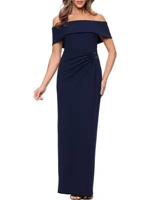 XSCAPE EVENINGS Off-the-shoulder Scuba Crepe Gown With Hardware Detail - Navy