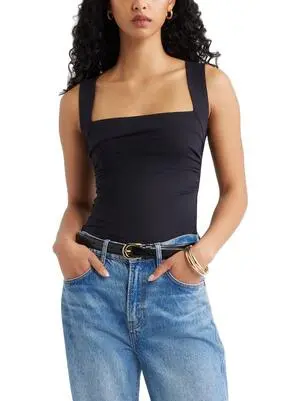 OPEN EDIT Ruched Square Neck Tank - Black