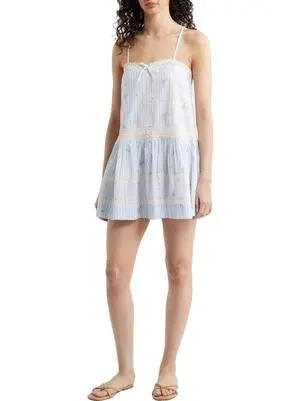 LoveShackFancy Vionett Floral Mixed Stripe Cotton Babydoll Dress - Sky Mist