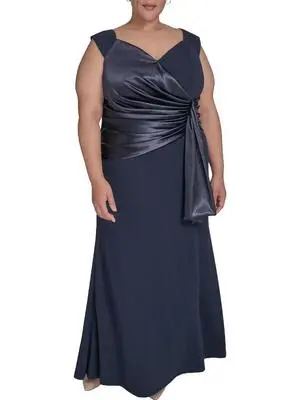 Eliza J Mixed Media Gown With Draped Detail - Navy