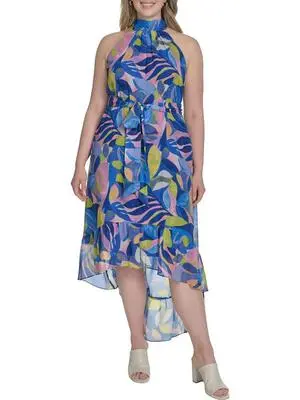 Eliza J Sleeveless High-neck Floral High-low Dress - Blue Multi