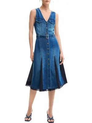 Desigual Sleeveless Denim Dress With Pleated Skirt And Lacy Trim - Medium Blue