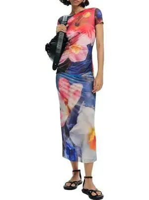 Desigual Short Sleeve Floral Print Ruched Dress - Multi