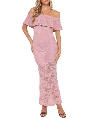 PETAL & PUP Off-the-shoulder Lace Maxi Dress - Pink