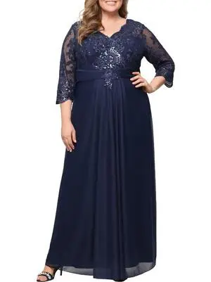 Alex Evenings Sequined Embroidered Chiffon Gown - Navy