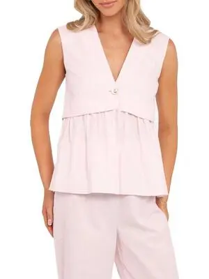 PETAL & PUP Sleeveless V-neck Cotton-linen Top With Tiered Detail - Pink