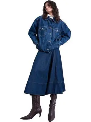 Topshop Dropped Waist Denim A-line Skirt - Medium Blue