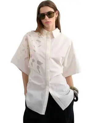 Topshop Oversized Floral Cutwork Button-up Top - White