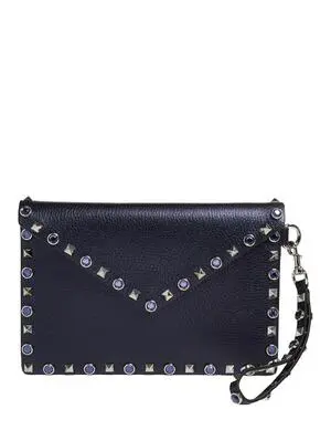 Valentino Garavani Rockstud Flat Leather Wristlet Pouch - Navy