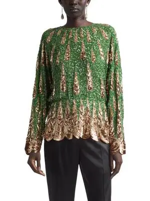 Valentino Garavani Sequin Embellished Silk Chiffon Top - Green Multi
