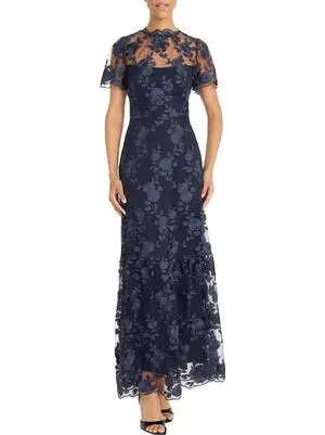 Maggy London Embroidered Tiered Gown - Twilight Navy