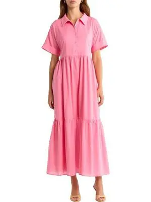 SUGARLIPS Tiered Maxi Shirtdress - Pink