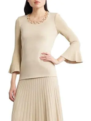 Misook Grommet Detail Metallic Knit Top With Bell Sleeves - Biscotti/gold